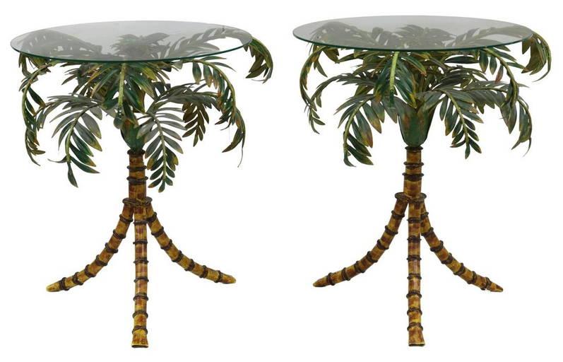 (2) Glass Top Tole Painted Palm Tree Side Tables