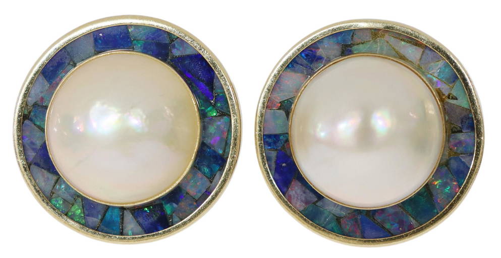(pair) Peter Brams 14k Mabe Pearl & Opal Earrings