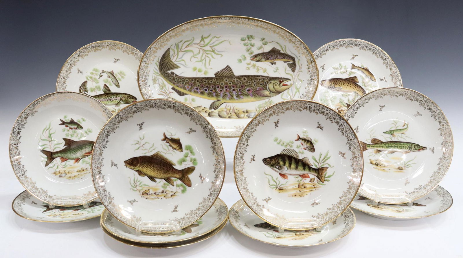 (12) French Limoges Fish Plates & Serving Platter