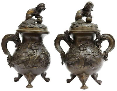 Pair Japanese Patinated Bronze Censers