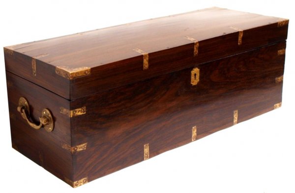 FINE ROSEWOOD BRITISH COLONIAL STORAGE TRUNK