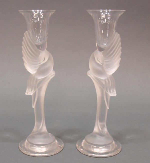 PAIR FABERGE FROSTED CRYSTAL DOVE CANDLESTICKS