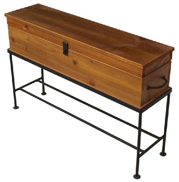 LONG RECTANGULAR WOODEN BOX ON AN IRON STAND