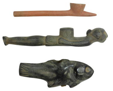 (3) Native American Stylecarved Stone & Clay Pipes