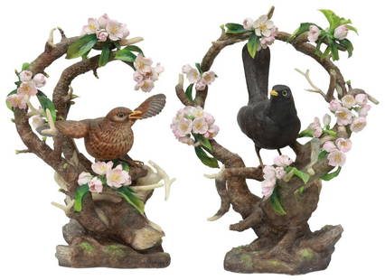 Boehm Black Birds With Cherry Blossoms, Pair