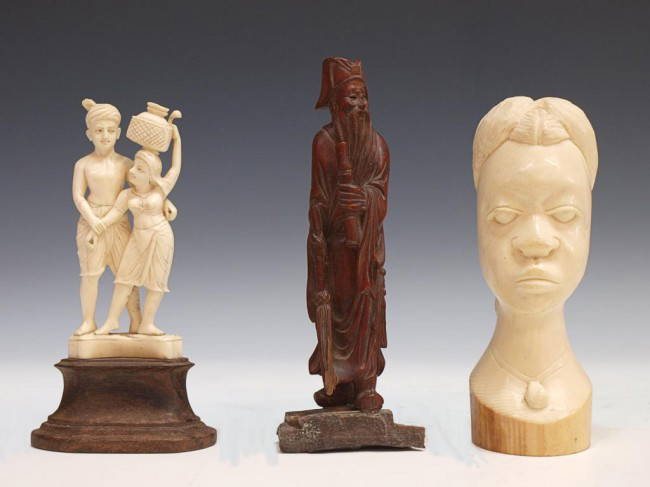 (3) Sculptures, Africa Ivory Bust, India Ivory