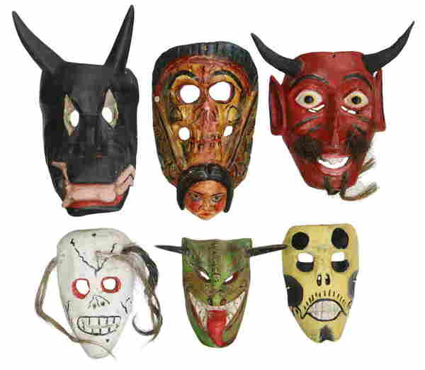 (6) MEXICO CARVED EL DIABLO & SKULL FOLK ART MASKS (#0890) on Apr 02 ...