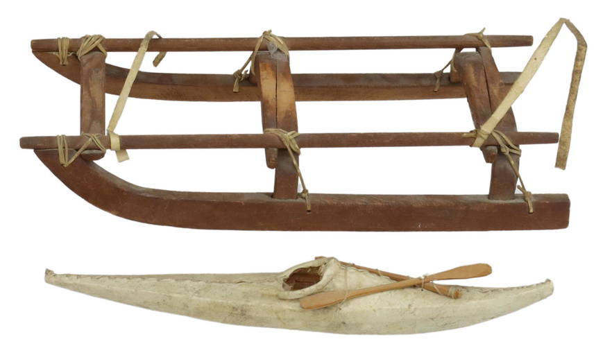 (2) Inuit Wood & Hide Model Of A Sled & Kyak Canoe