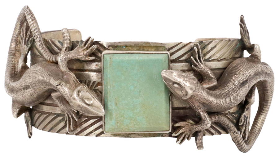 NATIVE AMERICAN TURQUOISE & SILVER LIZARDS CUFF (#0730) on Jun 25, 2022 | Austin Auction Gallery ...