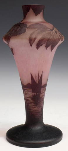 French Deveau Art Glass Cameo Vase, Boat Scene