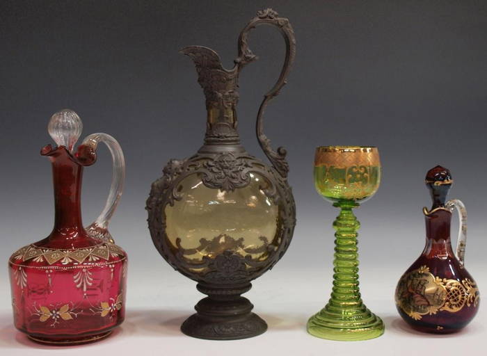 Colored & Gilded Glass Claret Jug, Decanter, Cruet