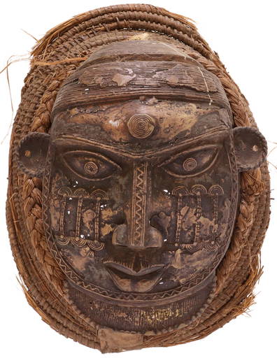 African Patinated Metal Mask, Concentric Circles