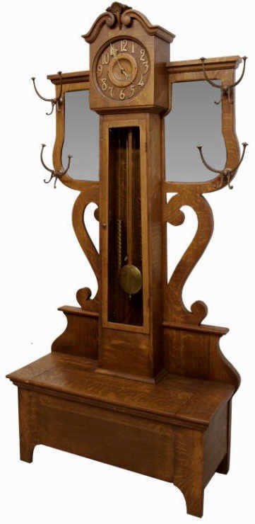 Scarce American Oak Hall Tree Grandfather Clock