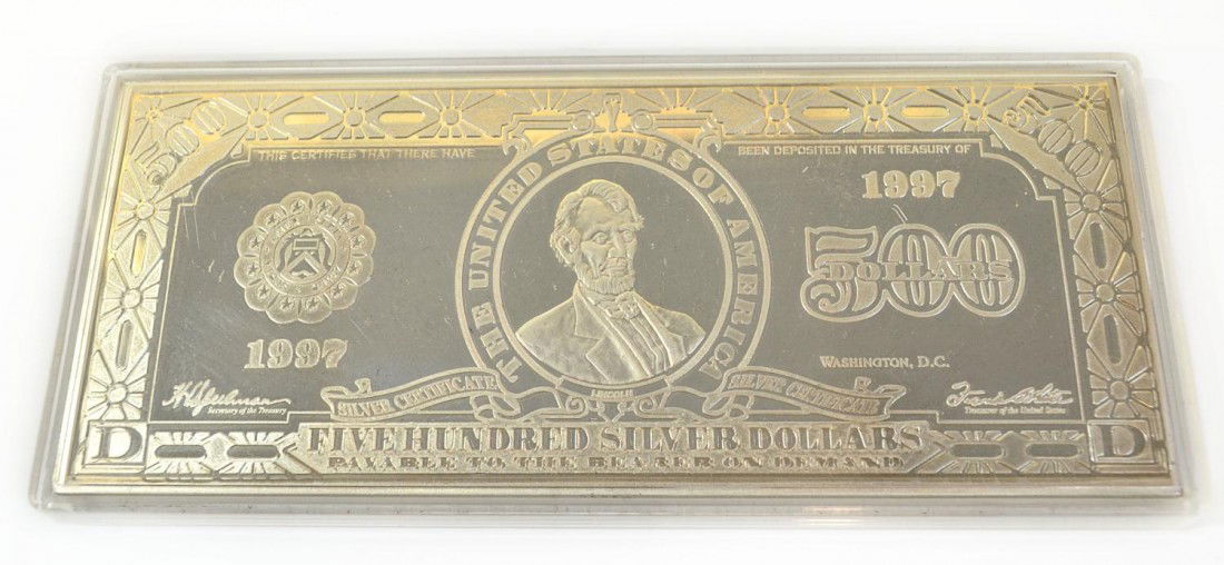 6: .999 PURE '$500 SILVER DOLLAR CERTIFICATE'