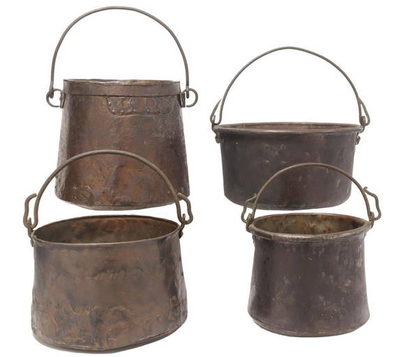(4) Rustic Copper Cauldrons With Bail Handles