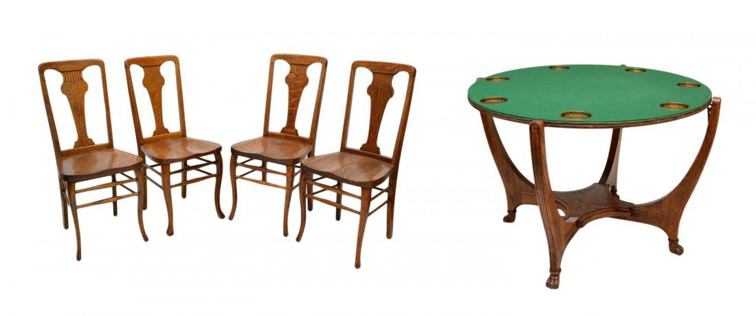 141: ANTIQUE HUNZINGER OAK FLIP TOP GAME TABLE, CHAIRS