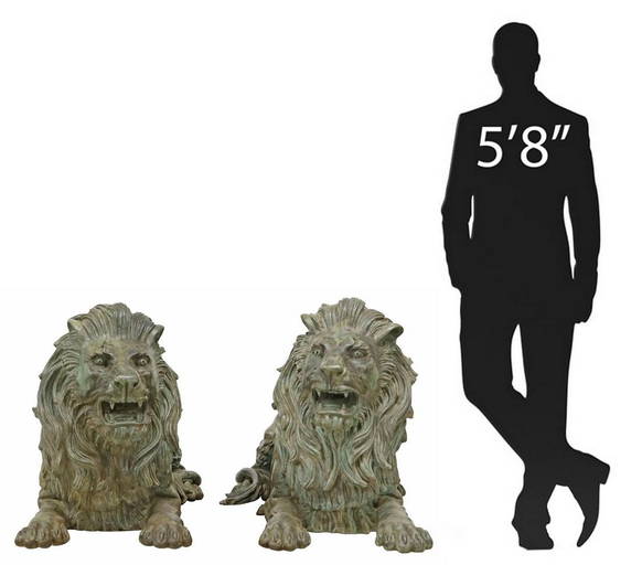 (2) Monumental Patinated Bronze Recumbent Lions