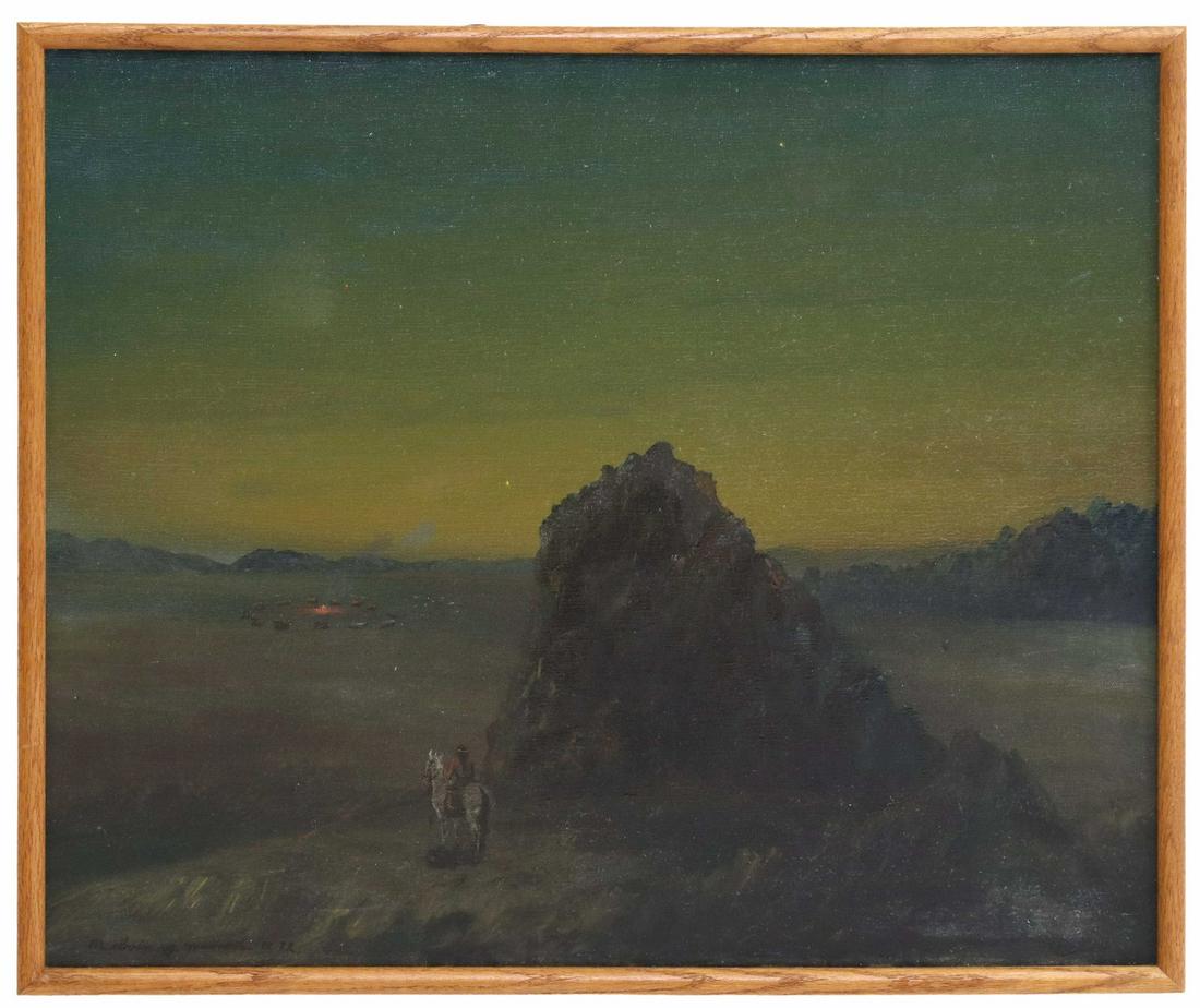 Melvin C. Warren (d.1995) Distant Campfire 20"x24" Auction