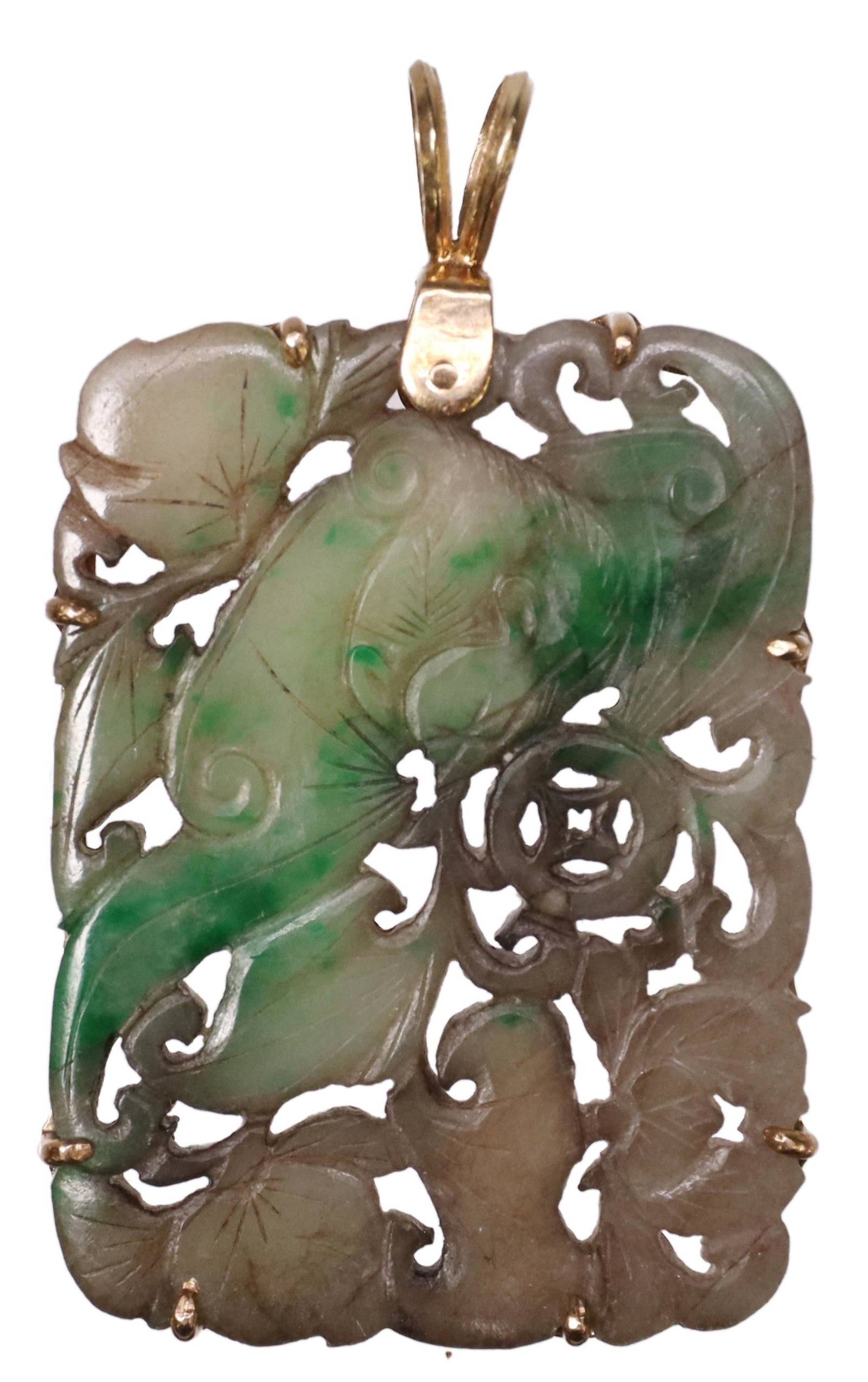 Estate Chinese 14kt & Carved Jade Bat Pendant Auction