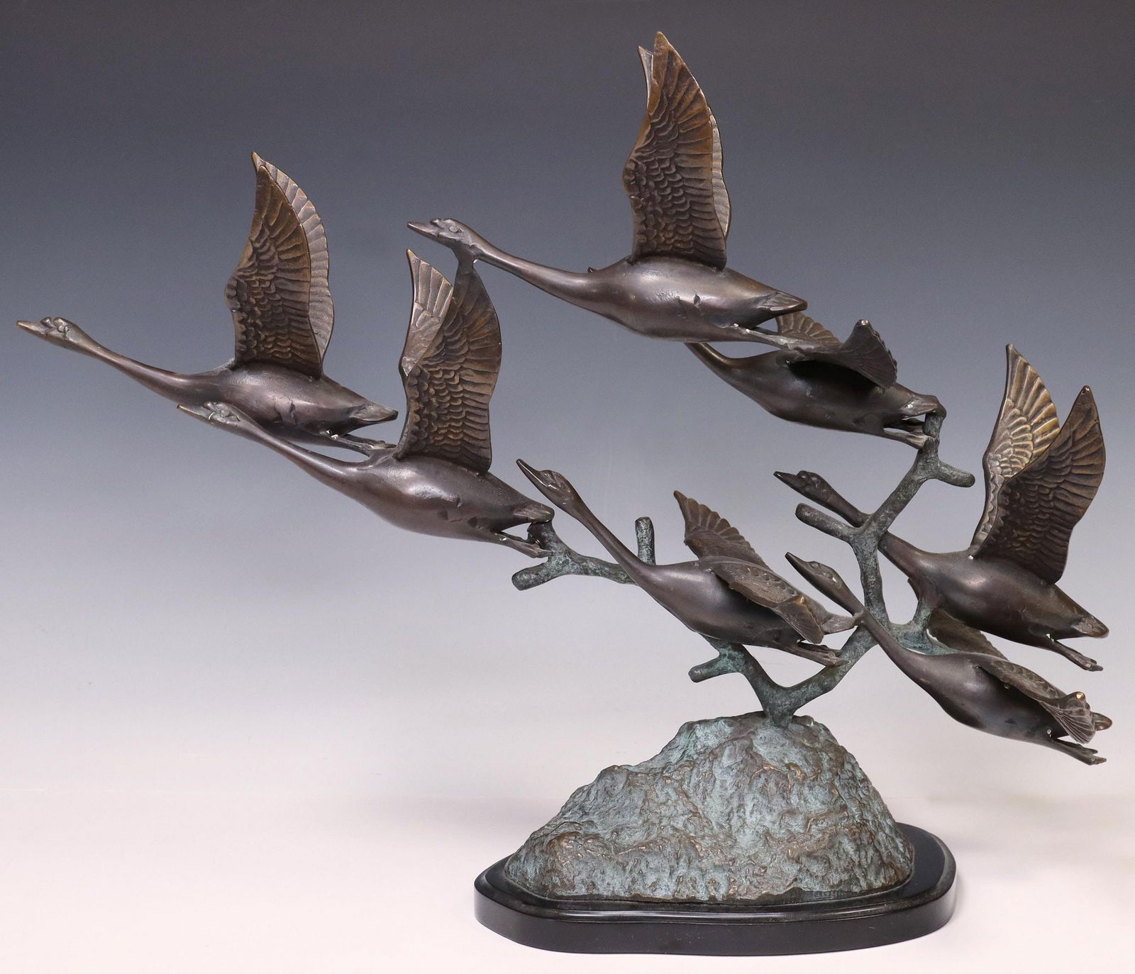 Patinated Bronze Sculpture Seven Flying Geese Auction