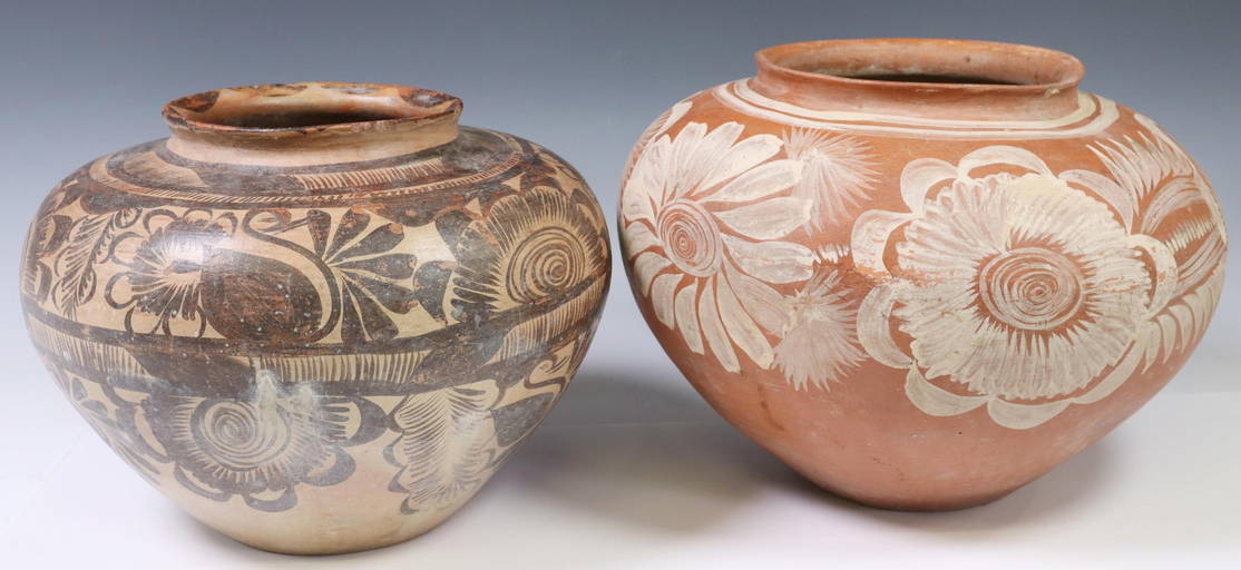 2) Large Slip Painted Redware Pottery Ollas Mexico