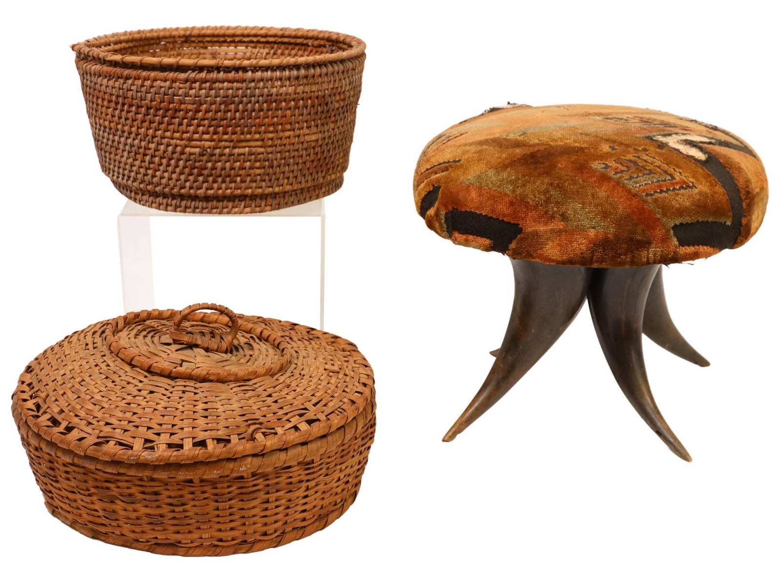 (3) Native American Woven Baskets & Cow Horn Stool Auction