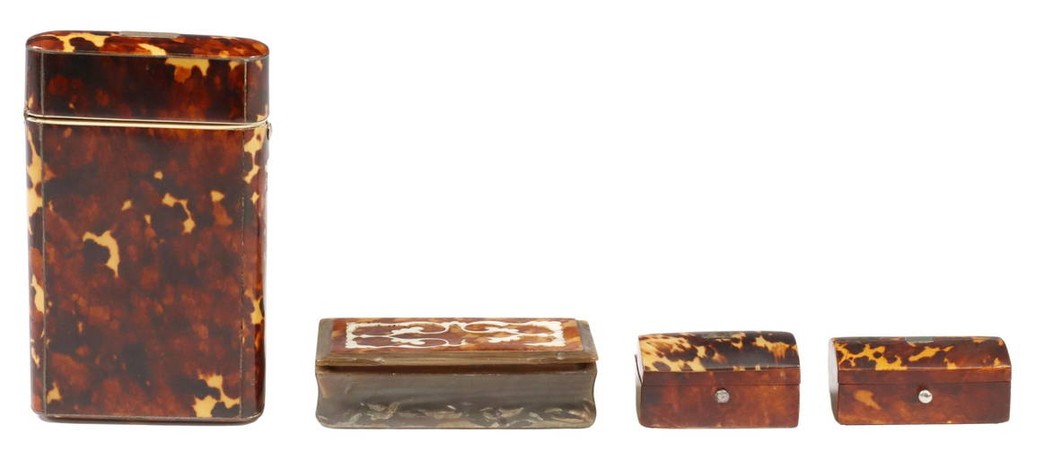 (4) Shell Veneer Snuff Boxes, Etui Case & Horn Box