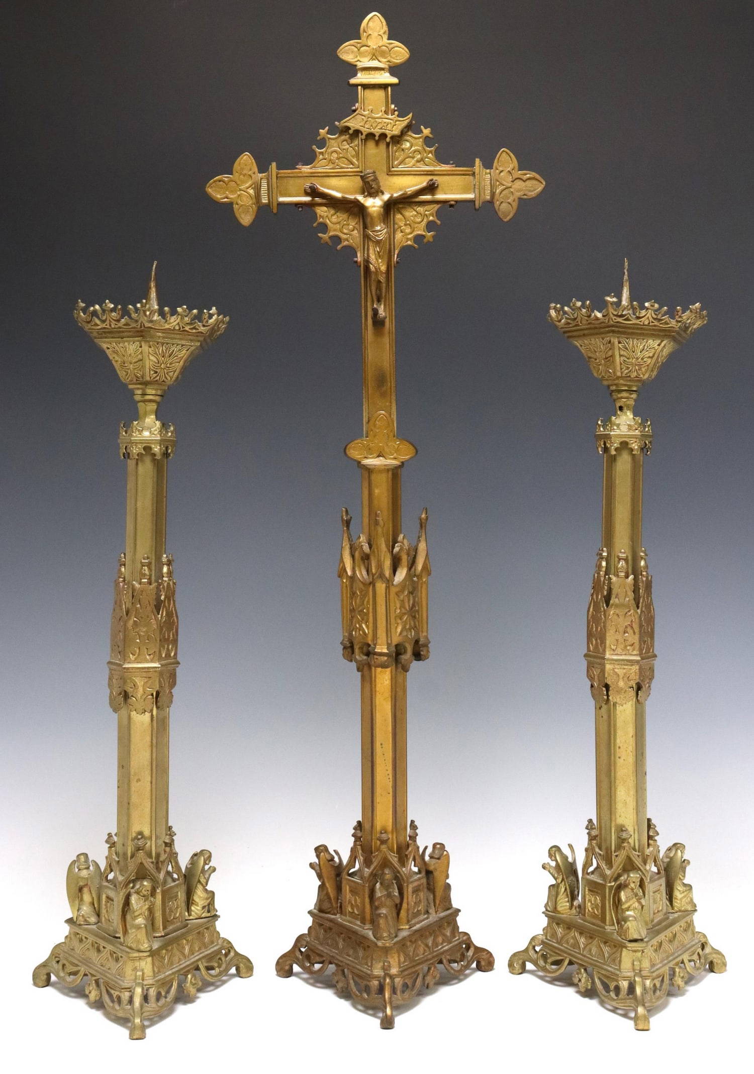 3) Gothic Revival Gilt Metal Religious Altar Group Auction