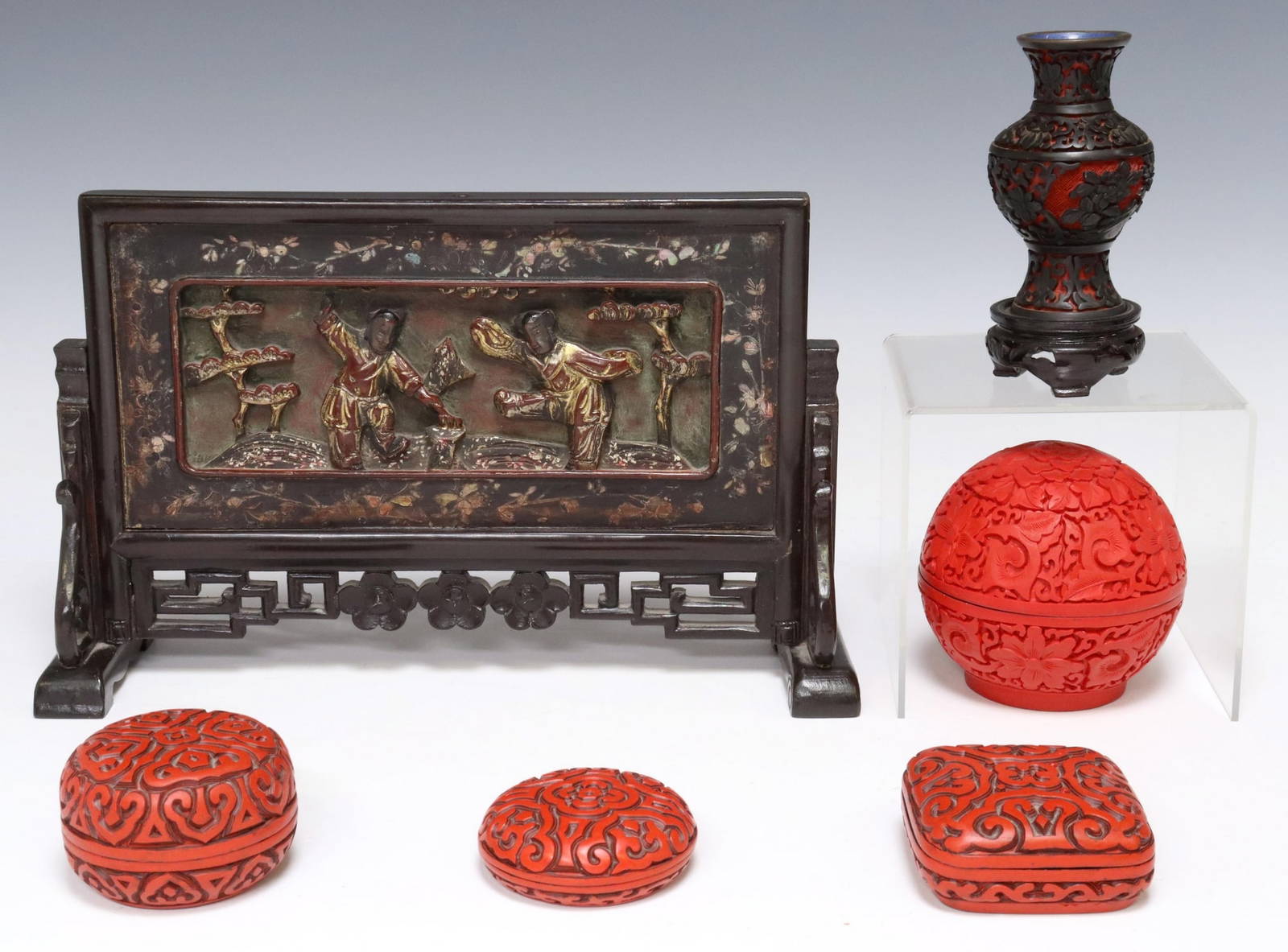 (6) Chinese Cinnabar Style Items & Lacquer Plaque Auction