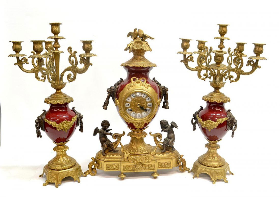 139: ITALIAN IMPERIAL GILT BRASS GARNITURE CLOCK SET
