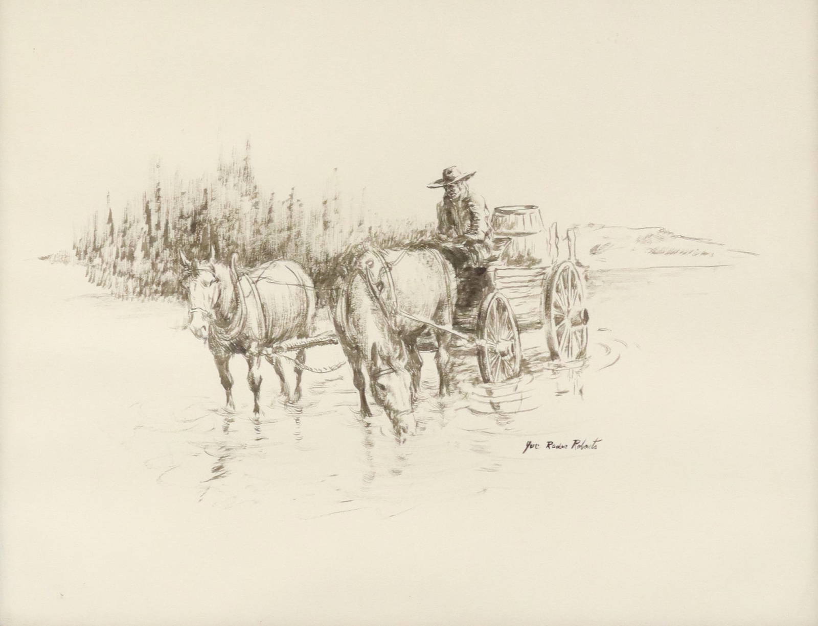 Joe Rader Roberts (d.1982) Ink Study Horse Cart Auction