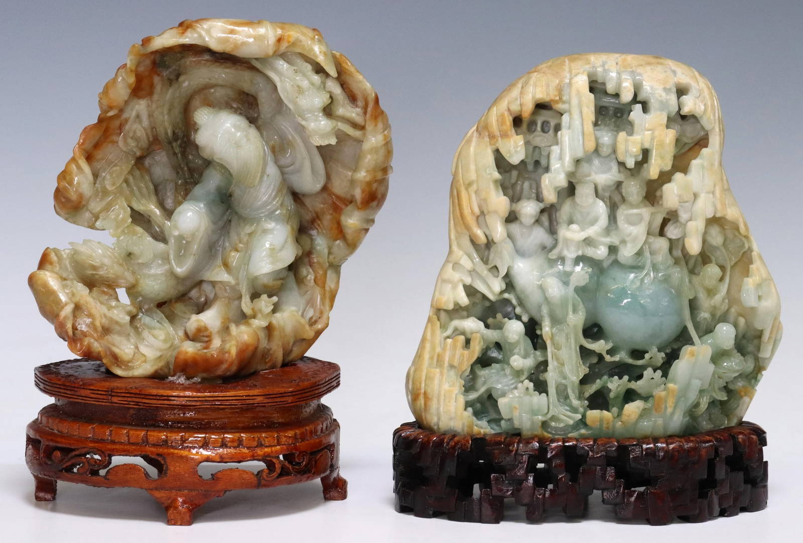 (2) Chinese Carved Green Hardstone Boulders Auction