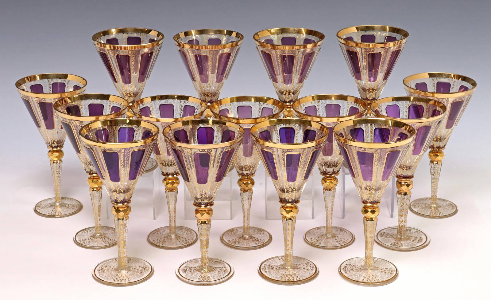 (15) Moser (attrib) Amethyst Cabochon Stemware Auction
