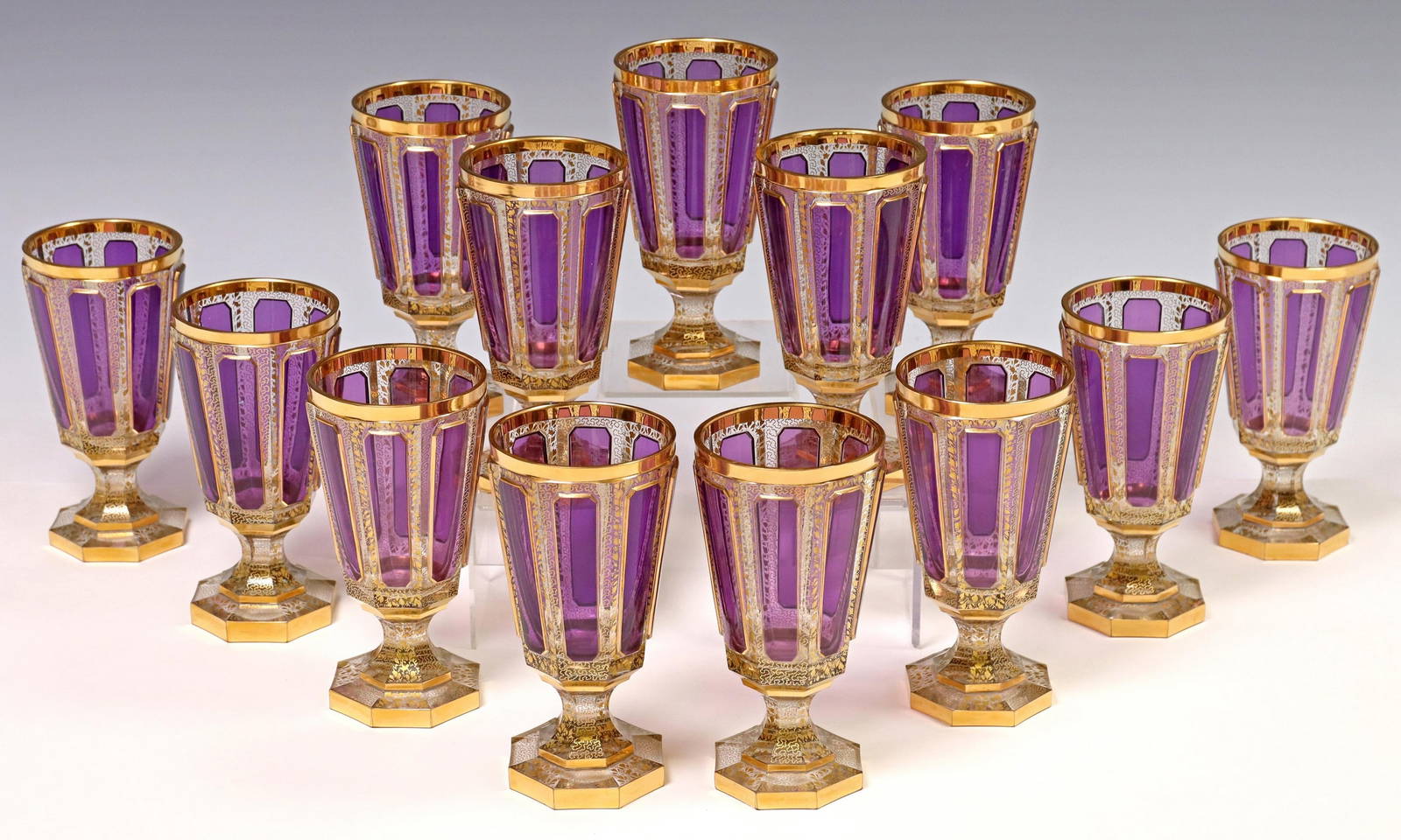 (13) Moser (attrib) Amethyst Cabochon Stemware Auction