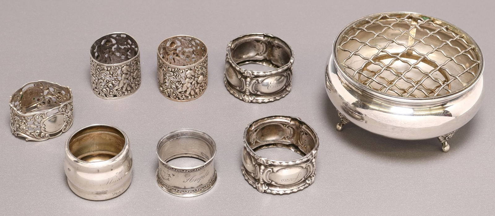 (8) .950 Silver Flower Frog Bowl & Other Silver Napkin Rings Auction