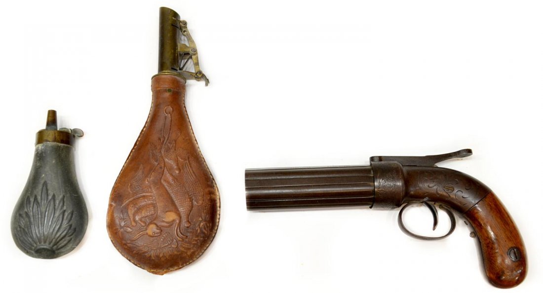 15: ANTIQUE PEPPERBOX PISTOL, C. 1850 & POWDER FLASKS