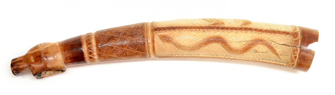 68: IVORY TUSK TRUMPET, CROCODILE & SNAKE CARVING