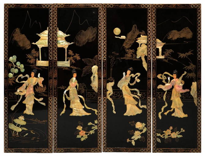 (4) Decorative Asian Black Lacquer Wall Panels