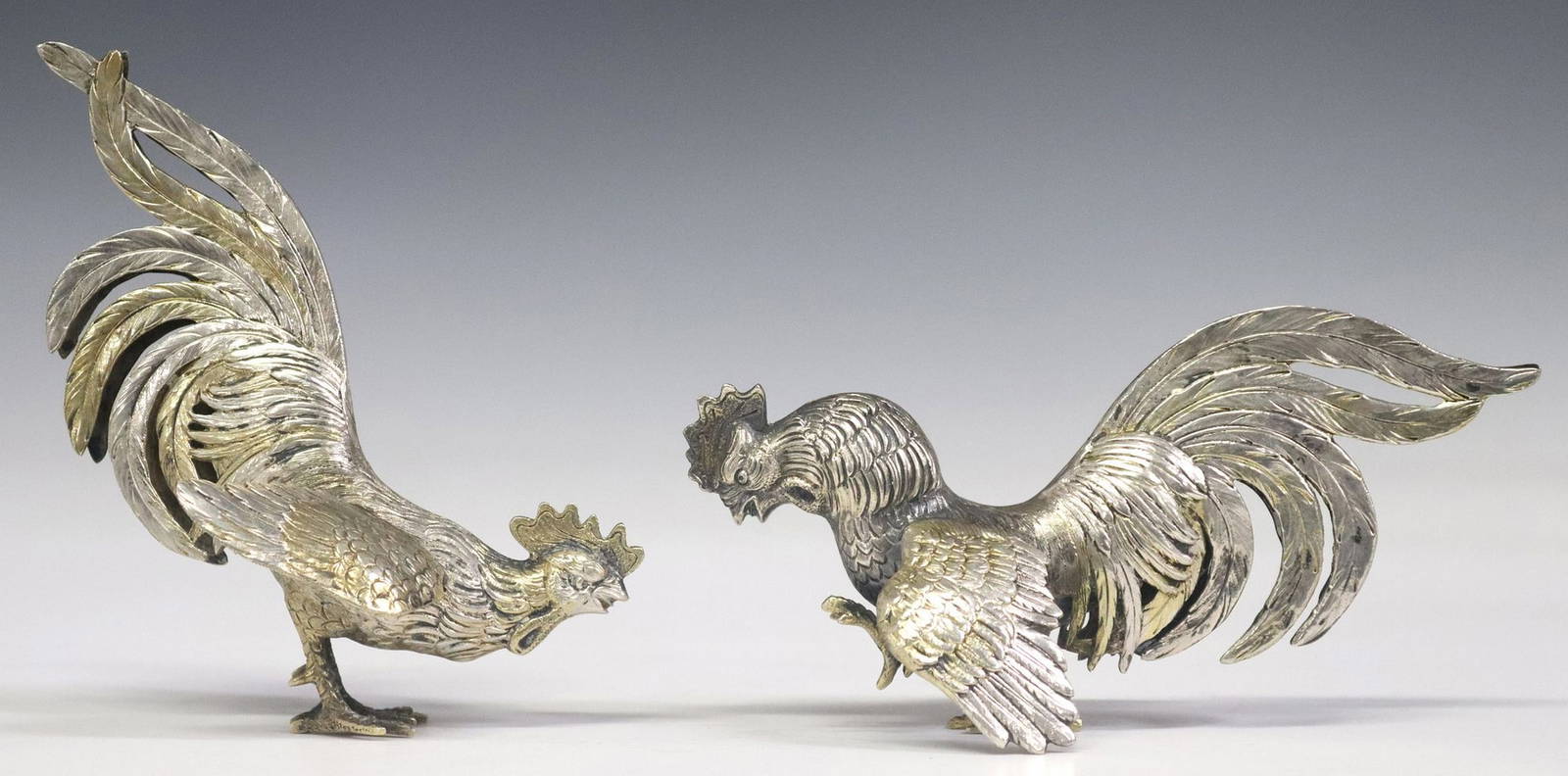 (2) Continental Parcel-gilt .835 Silver Models Of Fighting Cockerels ...