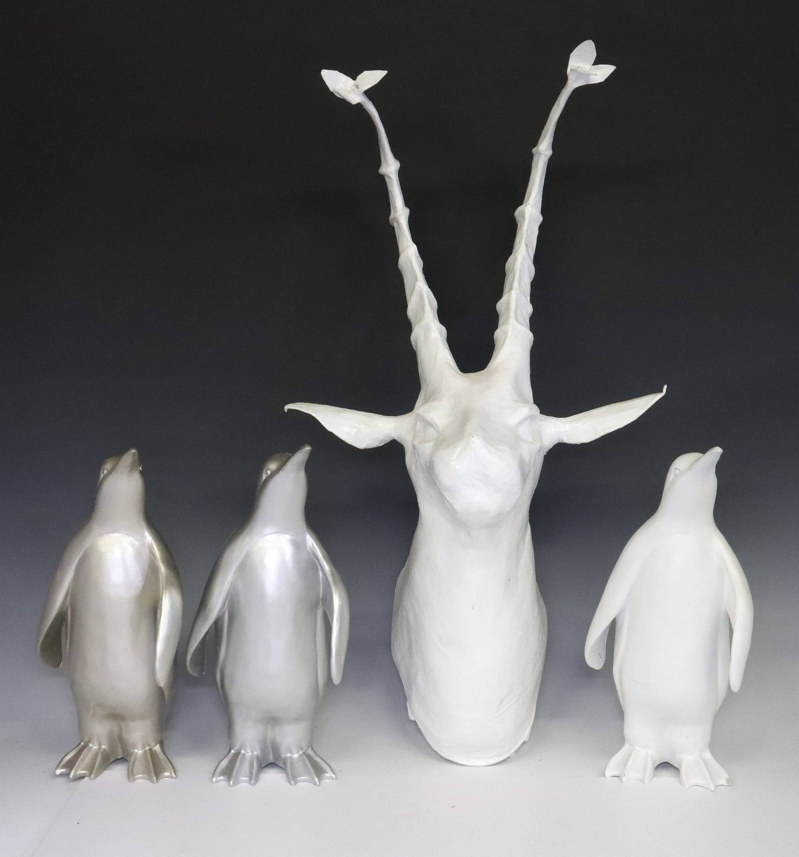 (4) Papier-mache Antelope Trophy Mount & Resin Penguins Auction