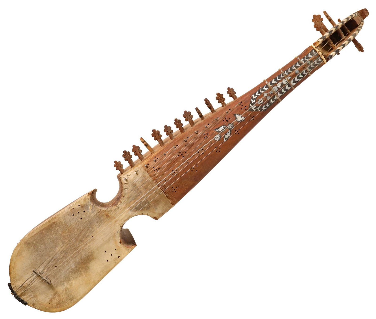 Mother-of-pearl Inlaid Carved Wood Rubab Instrument, Afghanistan Auction