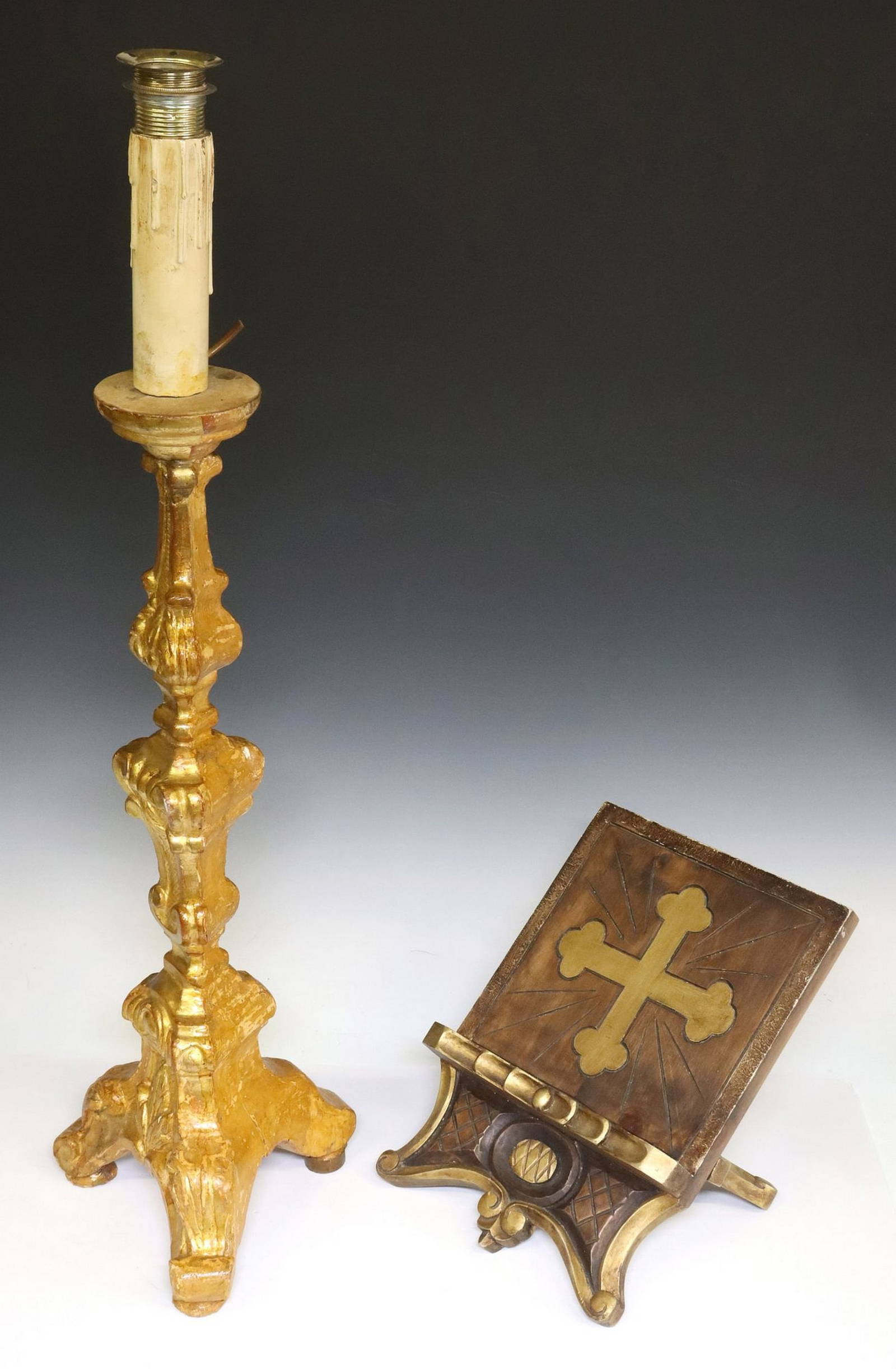 (2) Italian Giltwood Altar Pricket & Parcel-gilt Missal Stand Auction