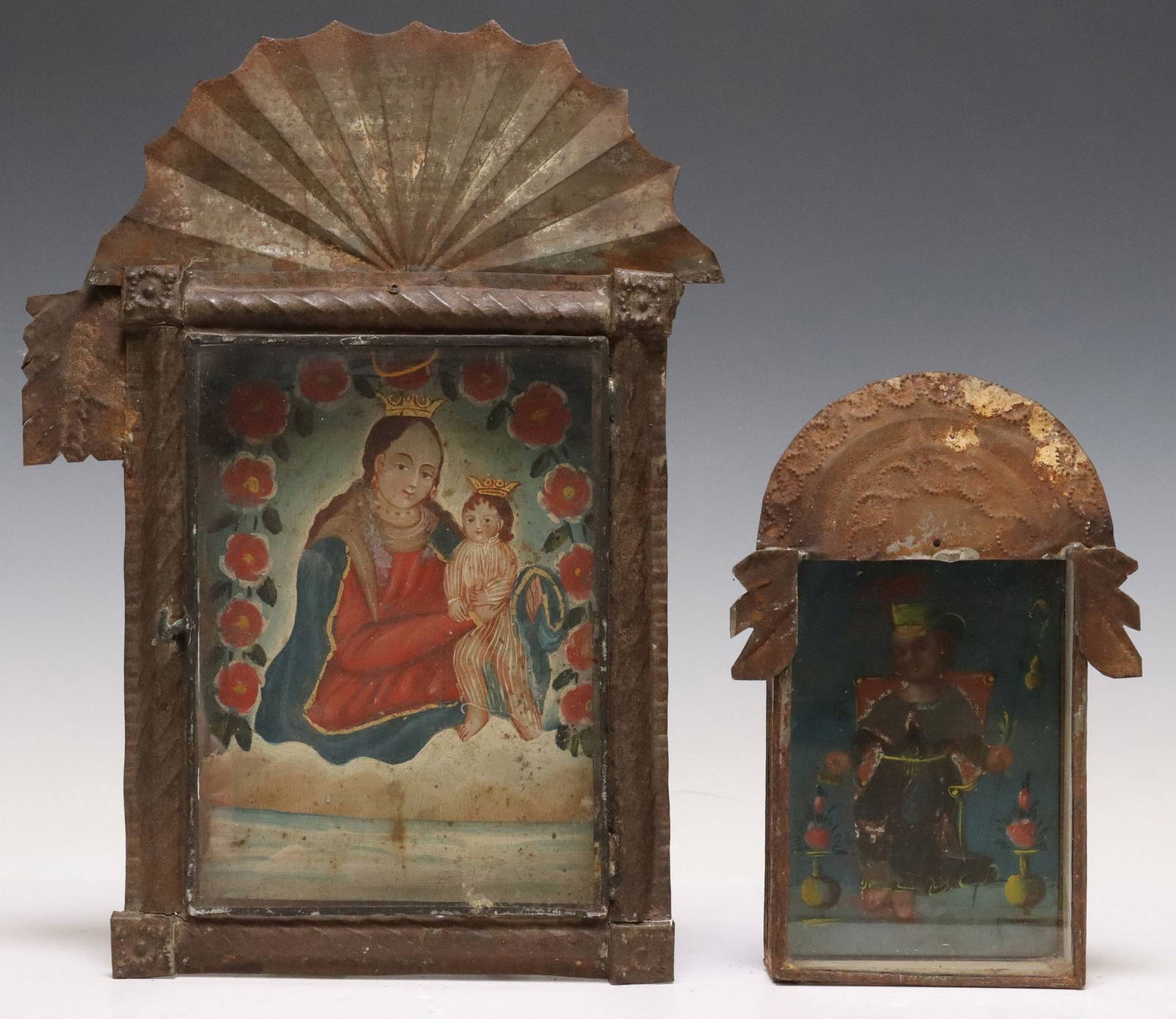 (2) Framed Religious Oil On Tin Retablos, Mexico Auction