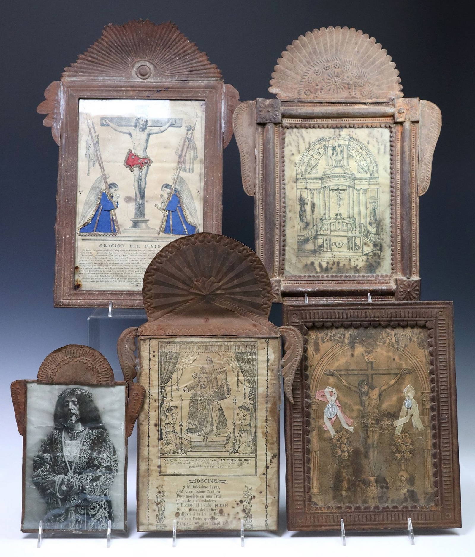(5) Tin Framed Religious Retablo Prints Of Christ & Crucifixion, Mexico ...
