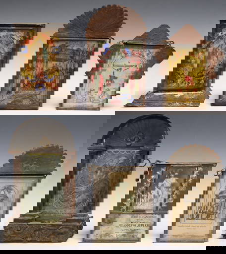 (6) Framed Tin Alms Boxes With Religious Figures, Mexico