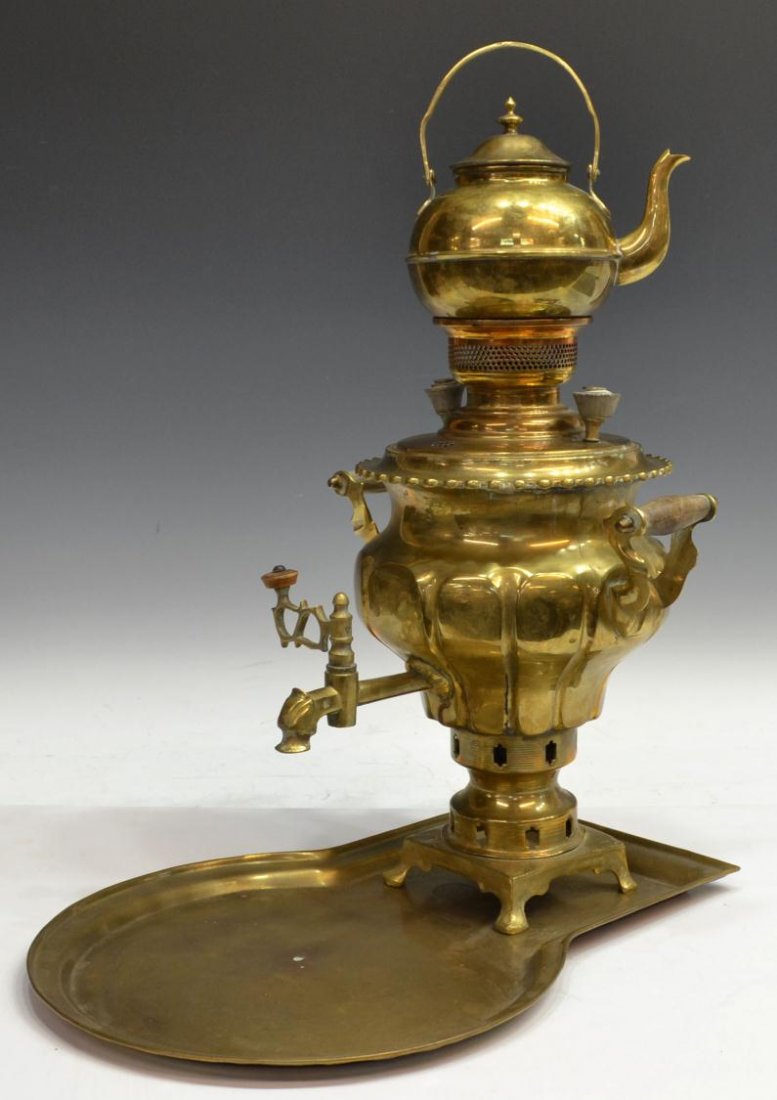 433: LARGE PERSIAN BRASS SAMOVAR & TRAY