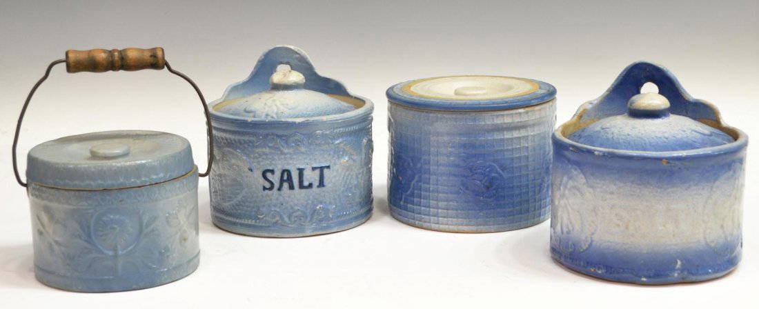 (4) Collection Blue Salt Glaze Pottery Salt Boxes