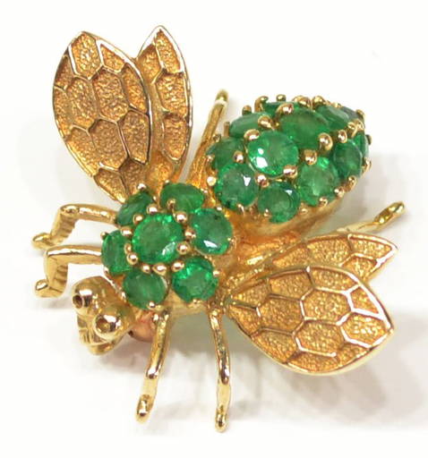 Large Ladies 14kt Gold & Emerald Bee Pin / Brooch