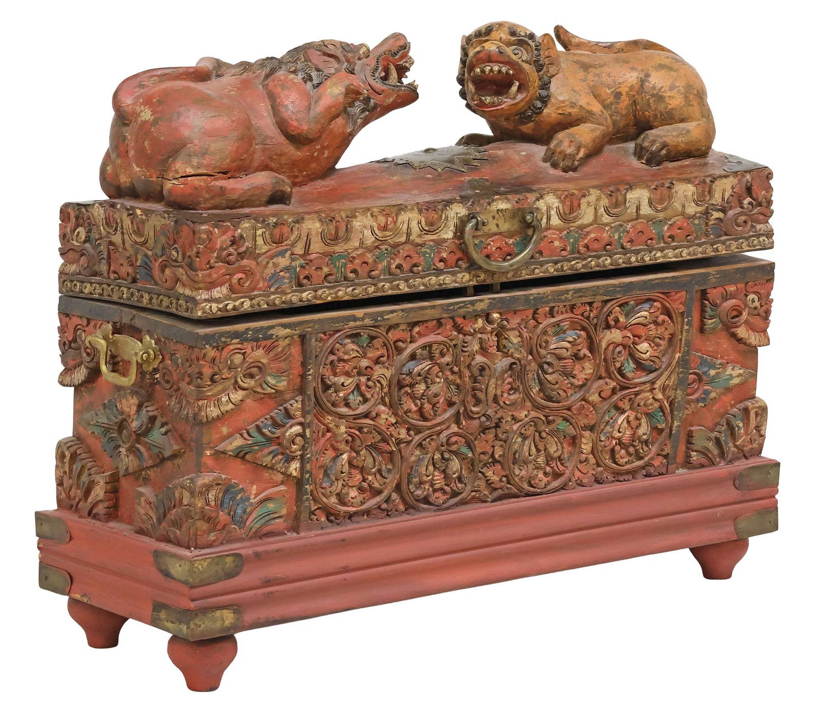 Southeast Asian Heavily Carved Polychrome Painted Storage Chest Auction