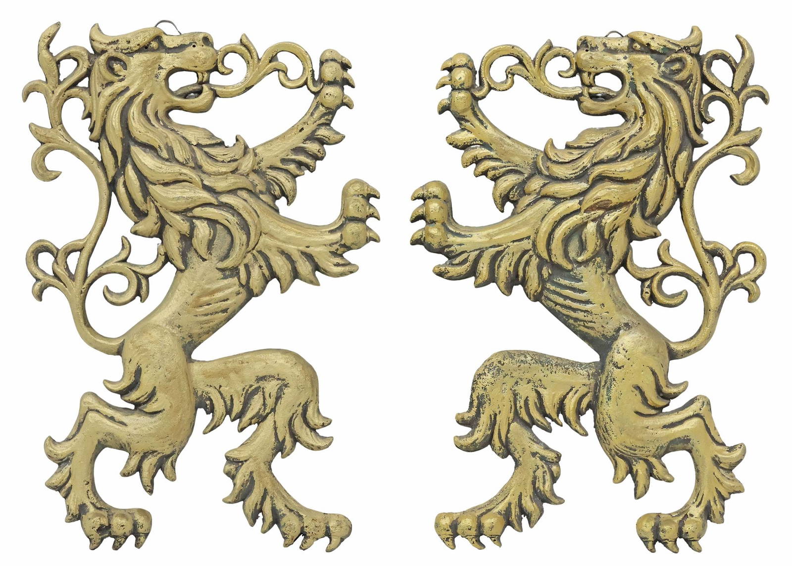 (2) Large Decorative Painted Metal Heraldic Lion Rampant Wall Plaques ...